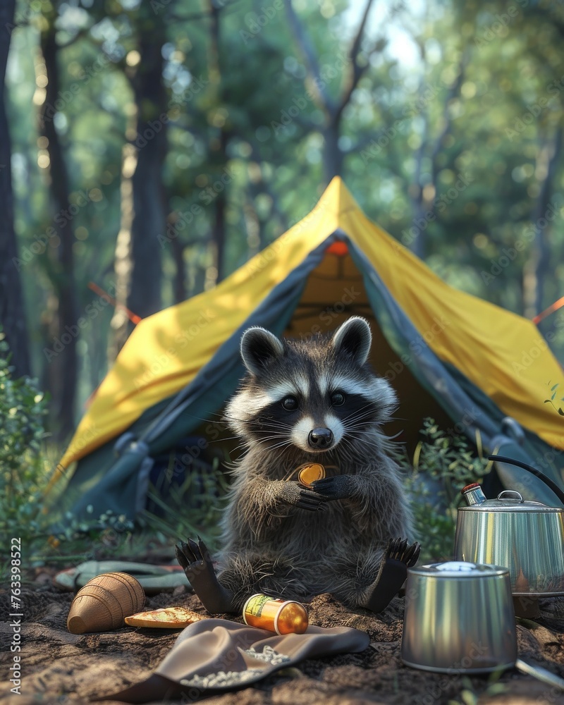 An amusing 3D depiction of a raccoon as a thief, sneakily stealing ...