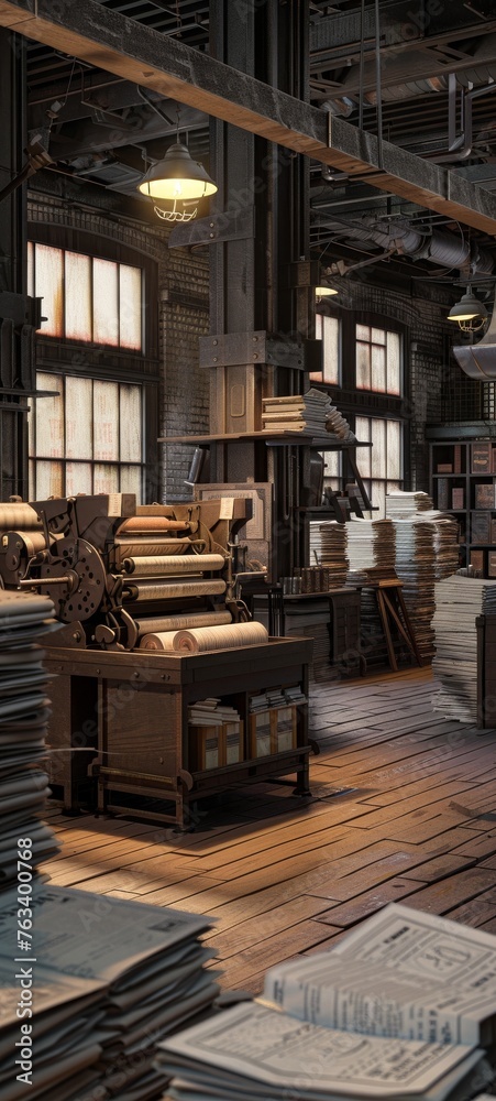Ilustração An immersive 3D depiction of a 1920s newspaper press room ...