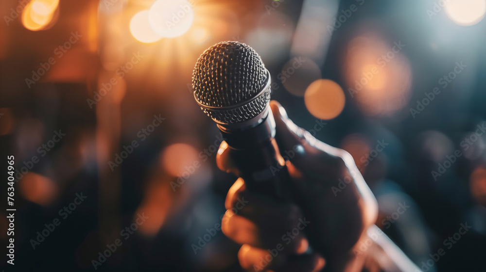 Singer hold microphone perform concert on stage with audience at night ...