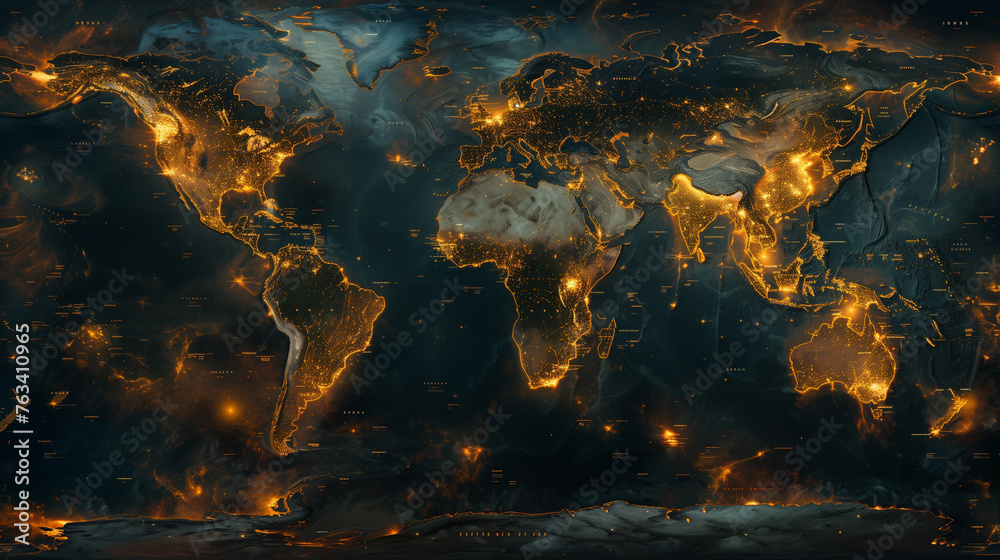 Digital world map background, earth network. World map in neon light ...