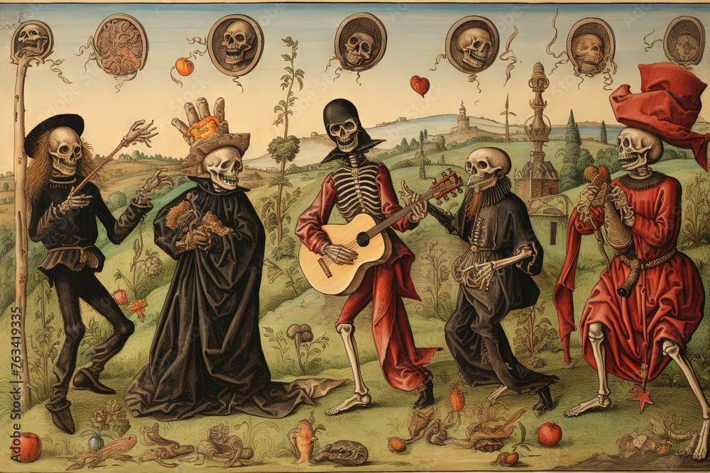 Medieval styled occult art with skeleton and monsters. Ancient icon or ...