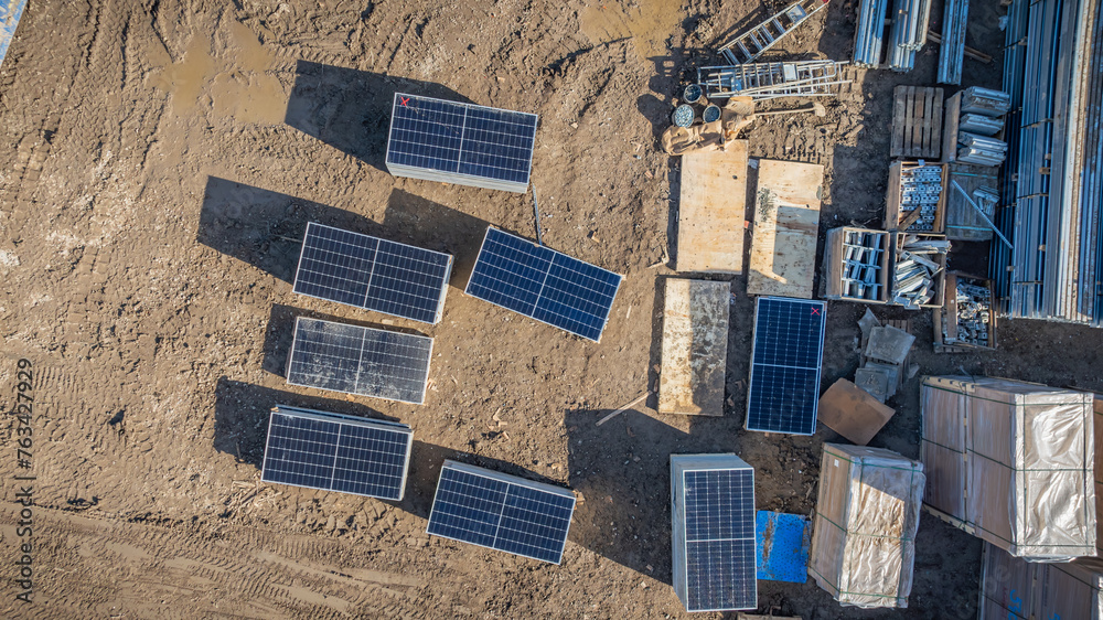 View from above on the construction site of photovoltaic park with ...