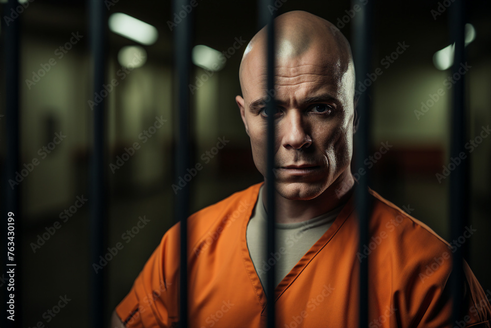 Criminals jailed in prison in orange uniform behind metal bars ...