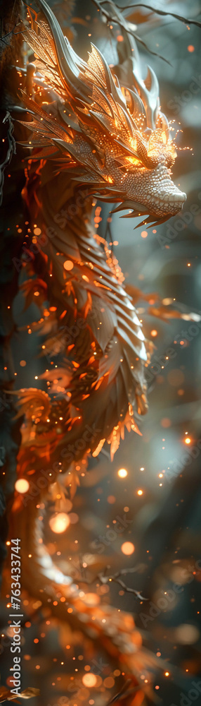 Mythical beast, scales shimmering, breathing fire in a mystical forest ...