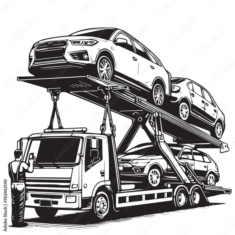 Car carrier trailer side view. Black and white illustration. Car hauler ...