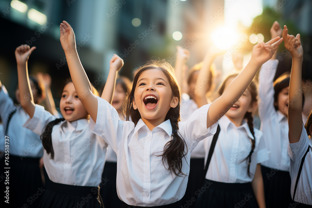 Excited children in school uniforms with arms raised, celebrating the ...