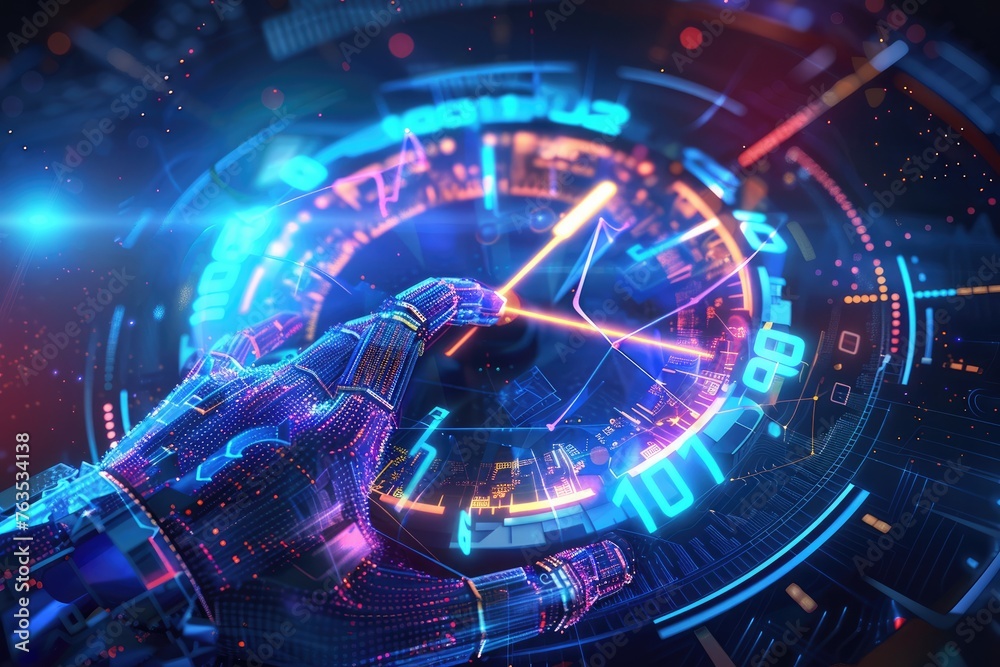 Abstract futuristic illustration of a time clock hand and digital clock ...