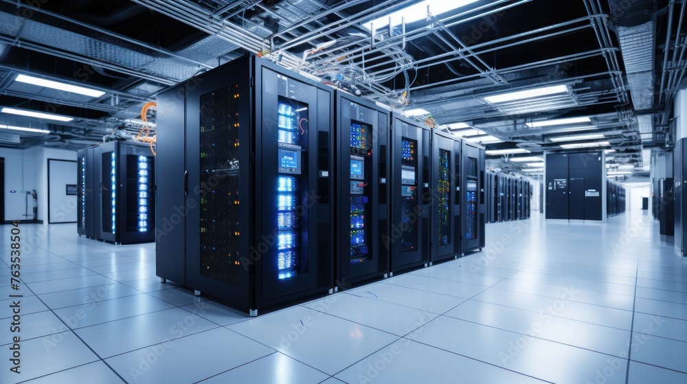 Depict a state of the art data center with rows of server racks ...