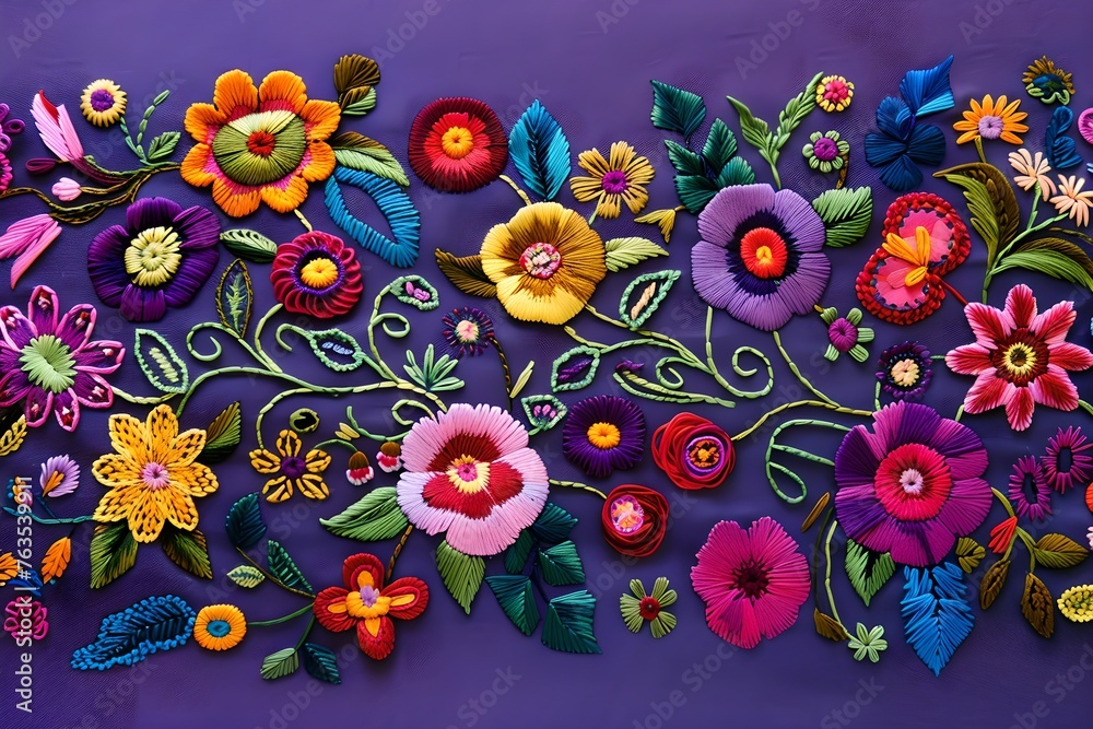 Handmade felt floral embroidery design on a purple background. Сinco de ...