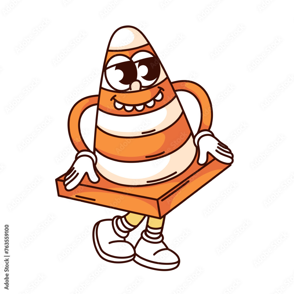 Groovy traffic cone cartoon character with teeth in funky smile. Funny ...