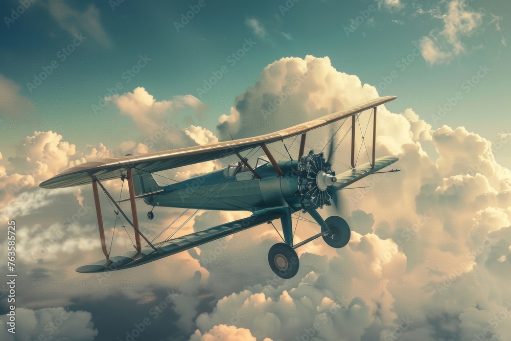 A vintage biplane aircraft is seen flying through a cloudy sky ...