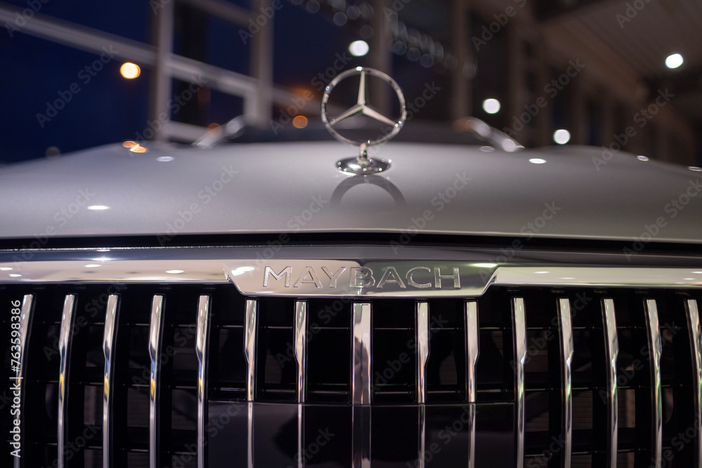 grille, bumper, brand logo electric silver Maybach GLS SUV, car ...