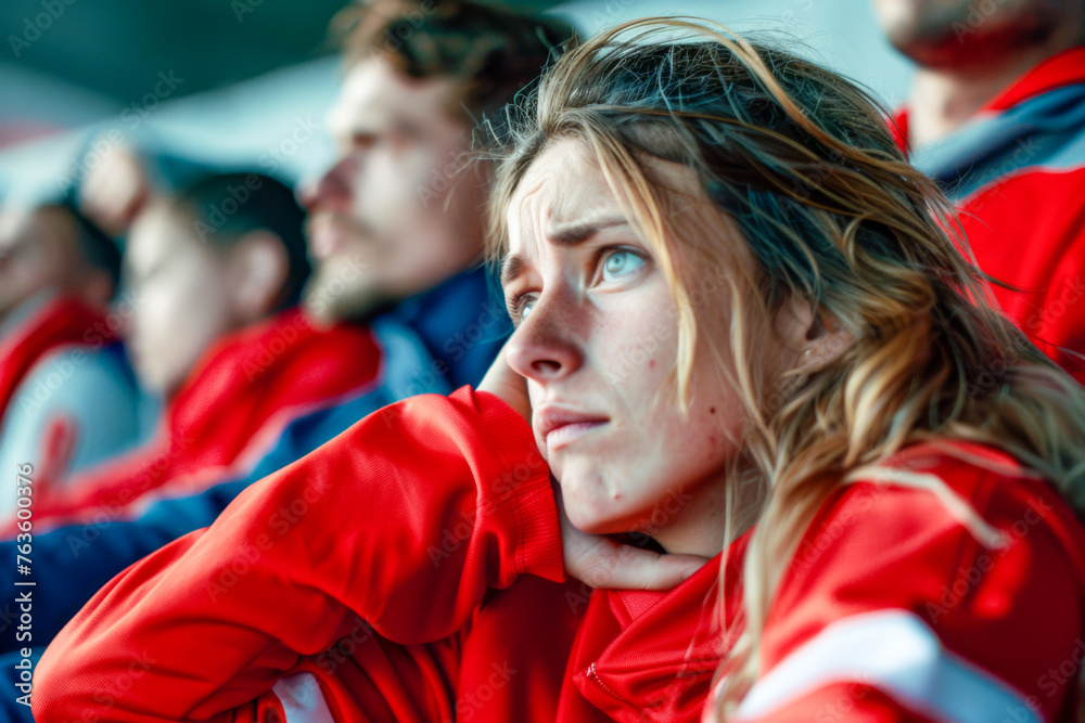 A group of male and female Swiss football fans sit in the stadium with ...