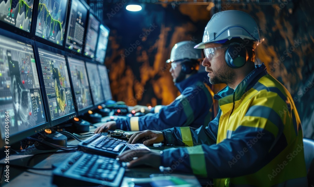 An engineer working in a control room in a vast mineral extraction site ...
