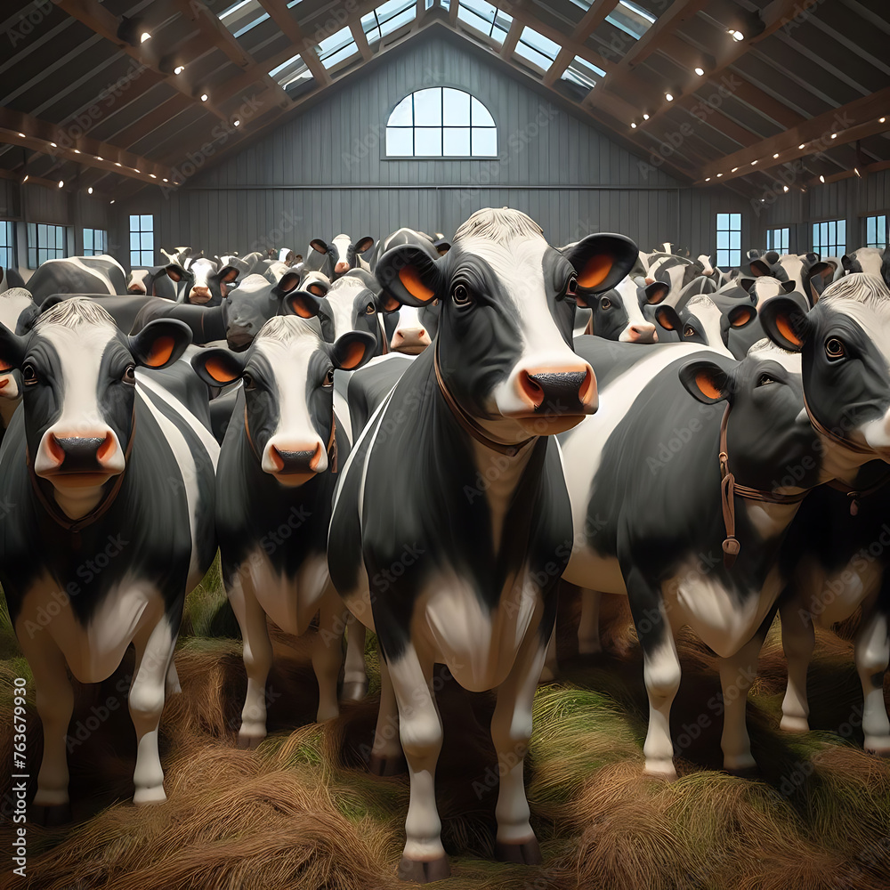 cow in a field of hay. cow in a meadow. Healthy dairy cows feeding on ...