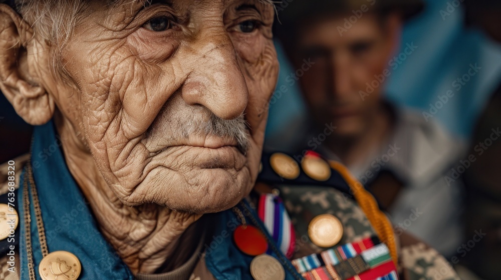 Elderly veteran with medals on uniform reflecting on past glories ...