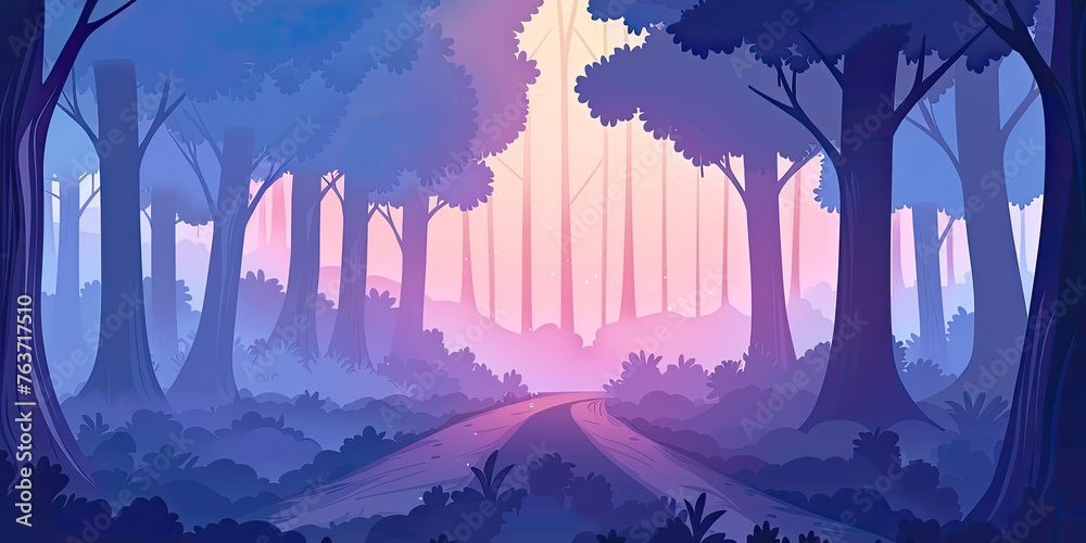 Cartoon forest background, anime style trees backdrop design graphic ...