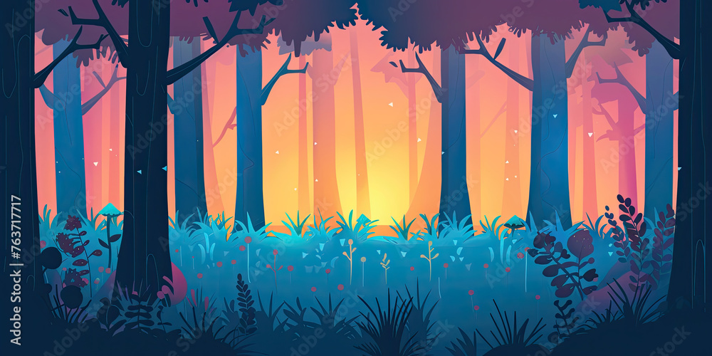 Cartoon forest background, anime style trees backdrop design graphic ...