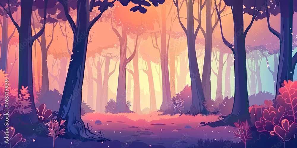 Cartoon forest background, anime style trees backdrop design graphic ...
