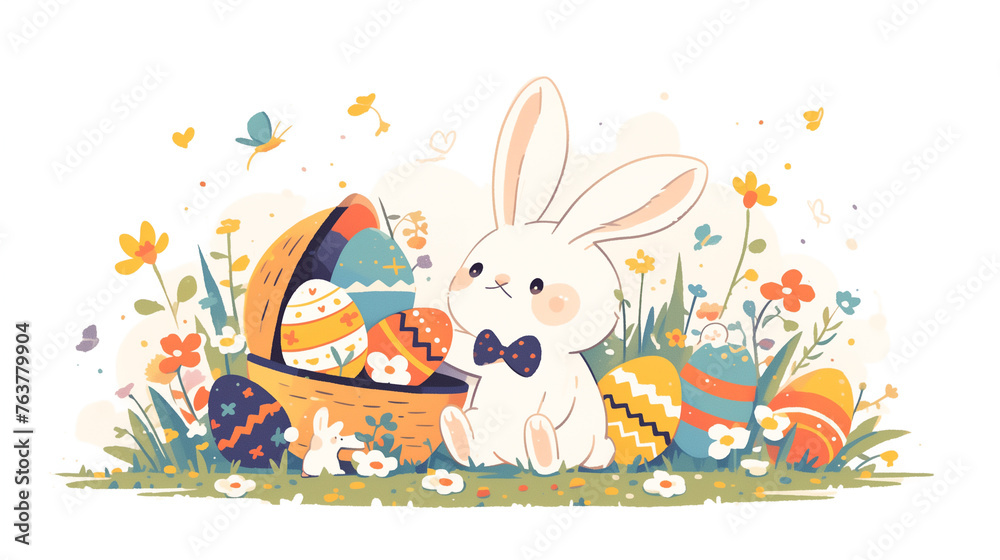 A serene Easter scene with a illustration cartoon bunny cuddling a ...