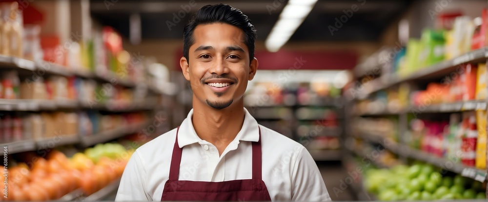 Male Filipino grocery supermarket clerk worker employee on foods ...