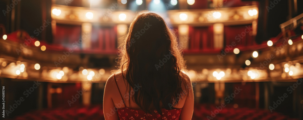 From the back of the concert hall stage, an opera singer in a stunning ...