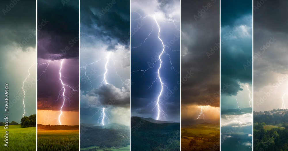 Collage depicting different lightning strikes in different parts of the ...
