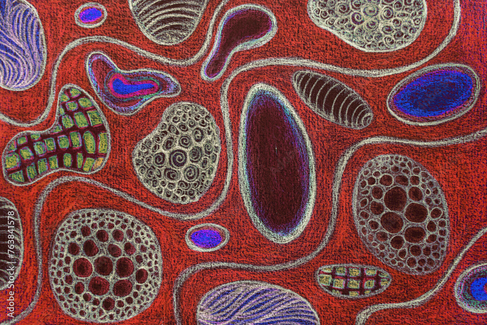 Psychecelic spheres with red background. The dabbing technique near the ...