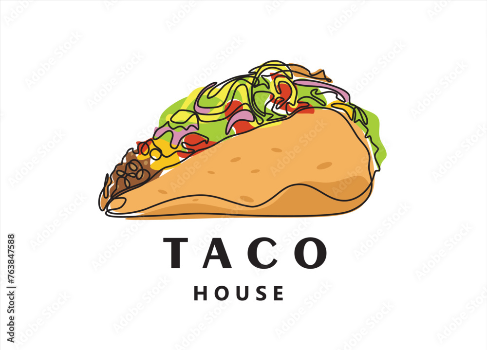 One single line drawing of fresh Mexican taco logo vector graphic ...
