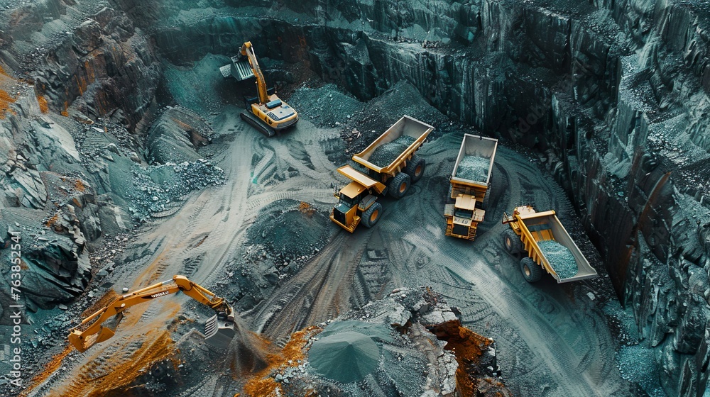 A modern mining operation with heavy machinery and mining trucks Stock ...