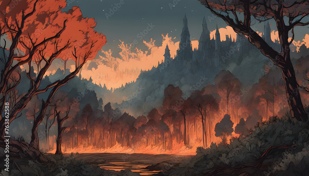 Anime Art Depiction of Bushfire Disaster in Medieval, message into ...