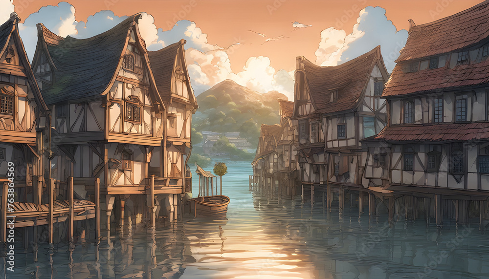 Fantasy Medieval style Village over the Ocean at sunset, depiction of ...