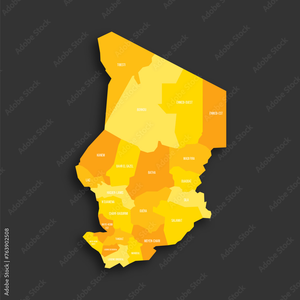 Chad political map of administrative divisions - regions. Yellow shade ...