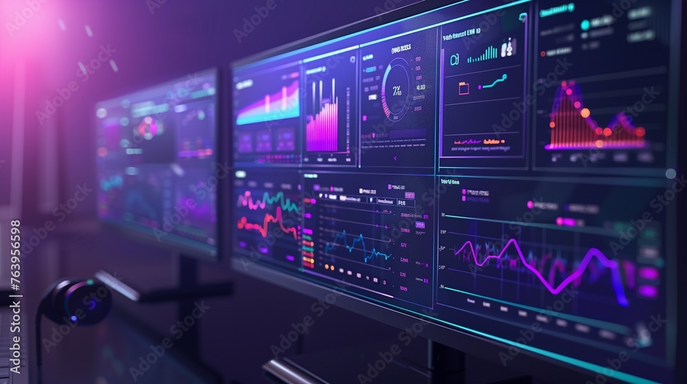 Computer monitor displaying an abstract network monitoring dashboard with real-time data ...