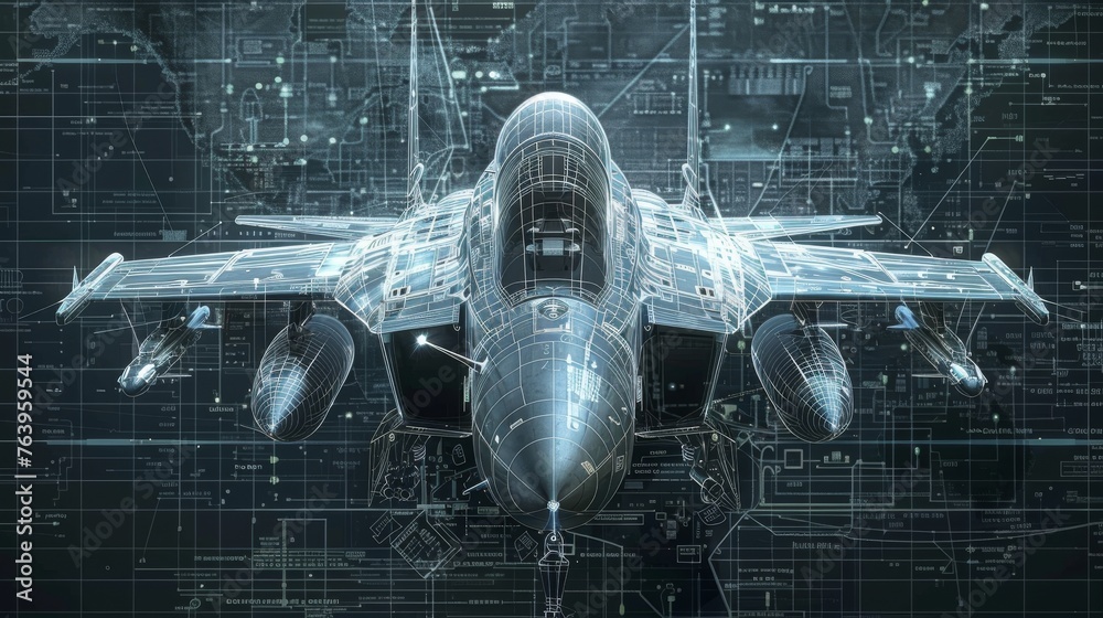 Develop a fighter jet blueprint featuring cutting-edge avionics like a ...