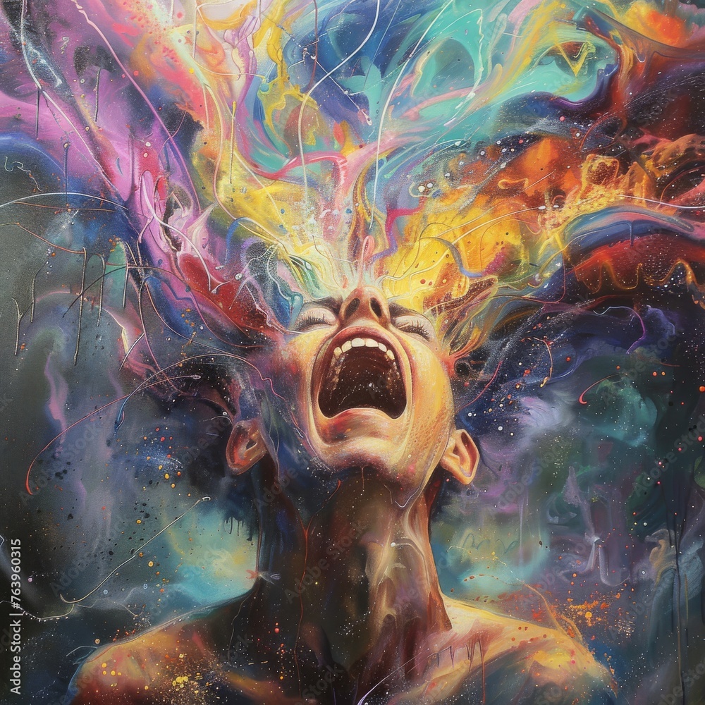 Surreal artwork of a person's head exploding into a vibrant cosmic ...