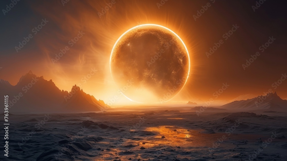 Rare celestial alignment as day merges into night under the shadow of an eclipse, casting a ...