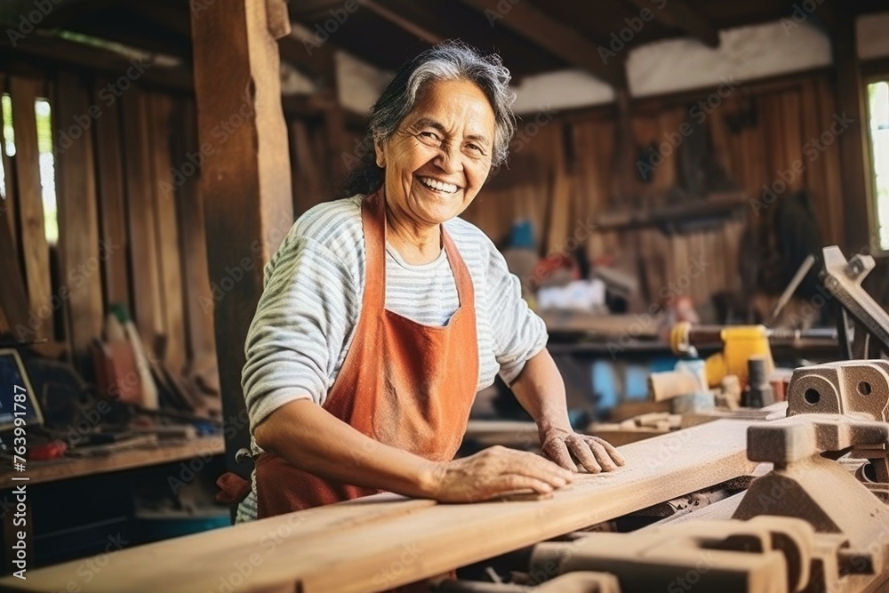 Carpenter woman one smile young aged standing aim working on wood plank ...
