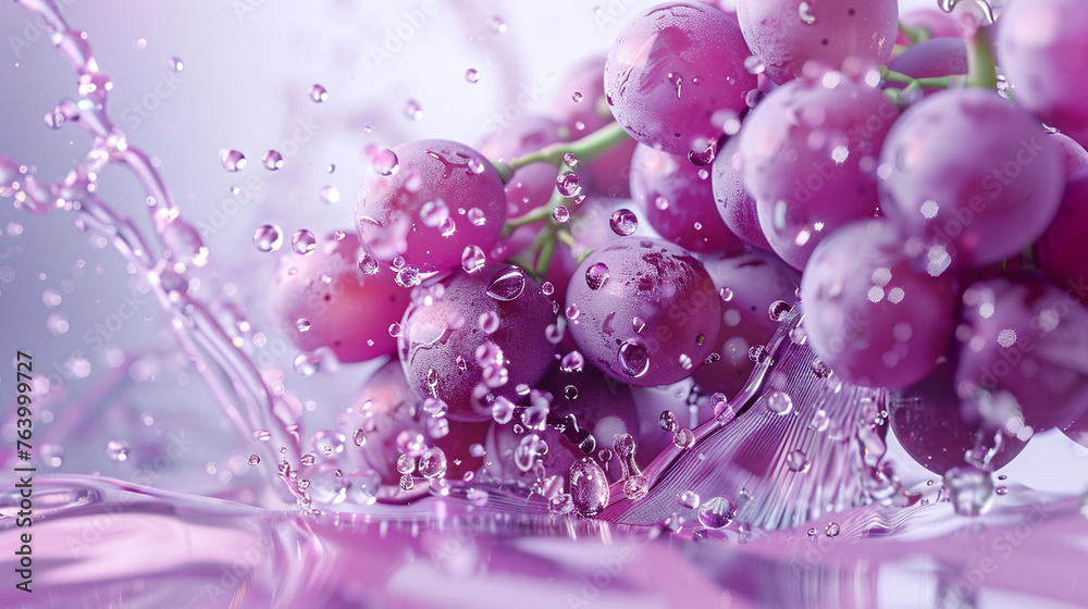 Bunch of purple grapes with water splash on a light purple background ...