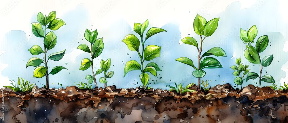 Стокова ілюстрація Illustrative watercolor sequence showing progressive growth stages of green ...