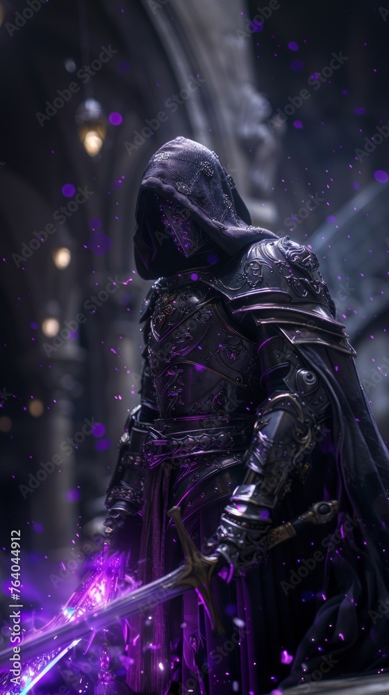 The dark medieval knight with cool armor and cape is holding a sword ...