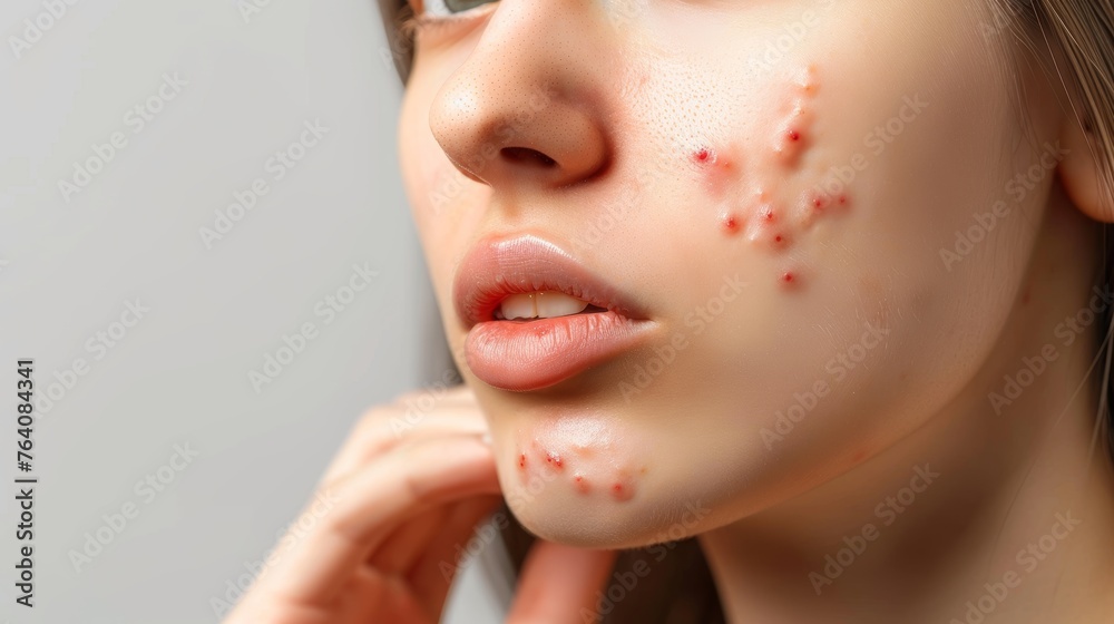 acne on woman face with rash skin, scar, and red skin syndrome allergic ...