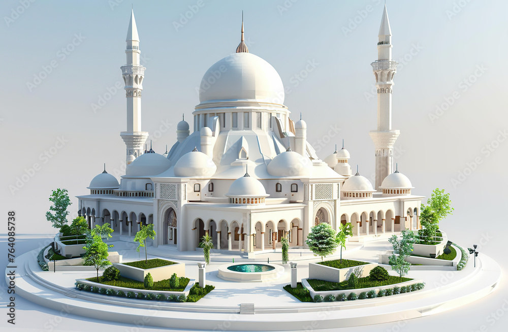 3d model of white mosque with dome and minarets, with small garden ...