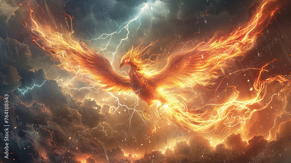 Mythical phoenix rebirth amidst a thunderstorm, flames and lightning ...