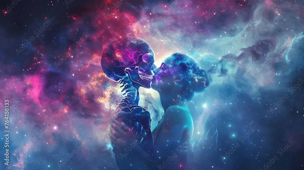 A couple, kissing and cuddling, reveals their astral essences through ...