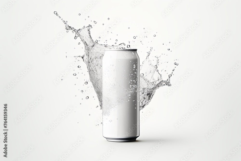 Blank fizzy packaging white can mockup with water drop on a white ...