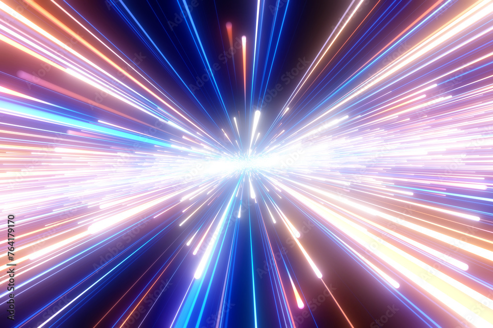 Bright radial light beams. Abstract background in blue and orange neon ...