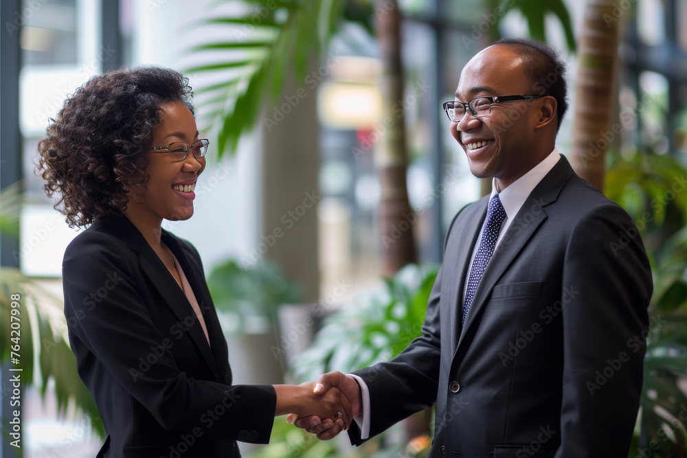 Professional handshake between business partners in an office lobby ...