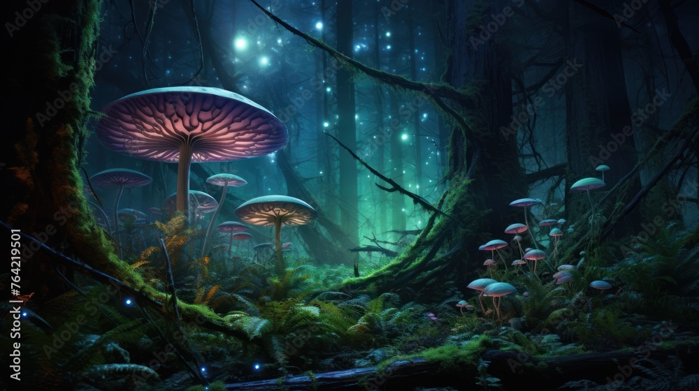 Mysterious alien forest with strange plants, mushrooms, and trees under ...