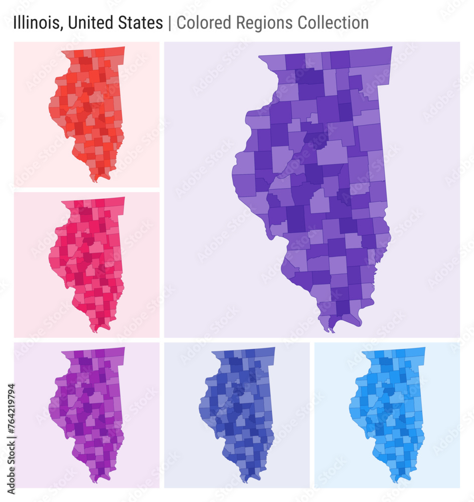 Illinois, United States. Map collection. State shape. Colored counties ...
